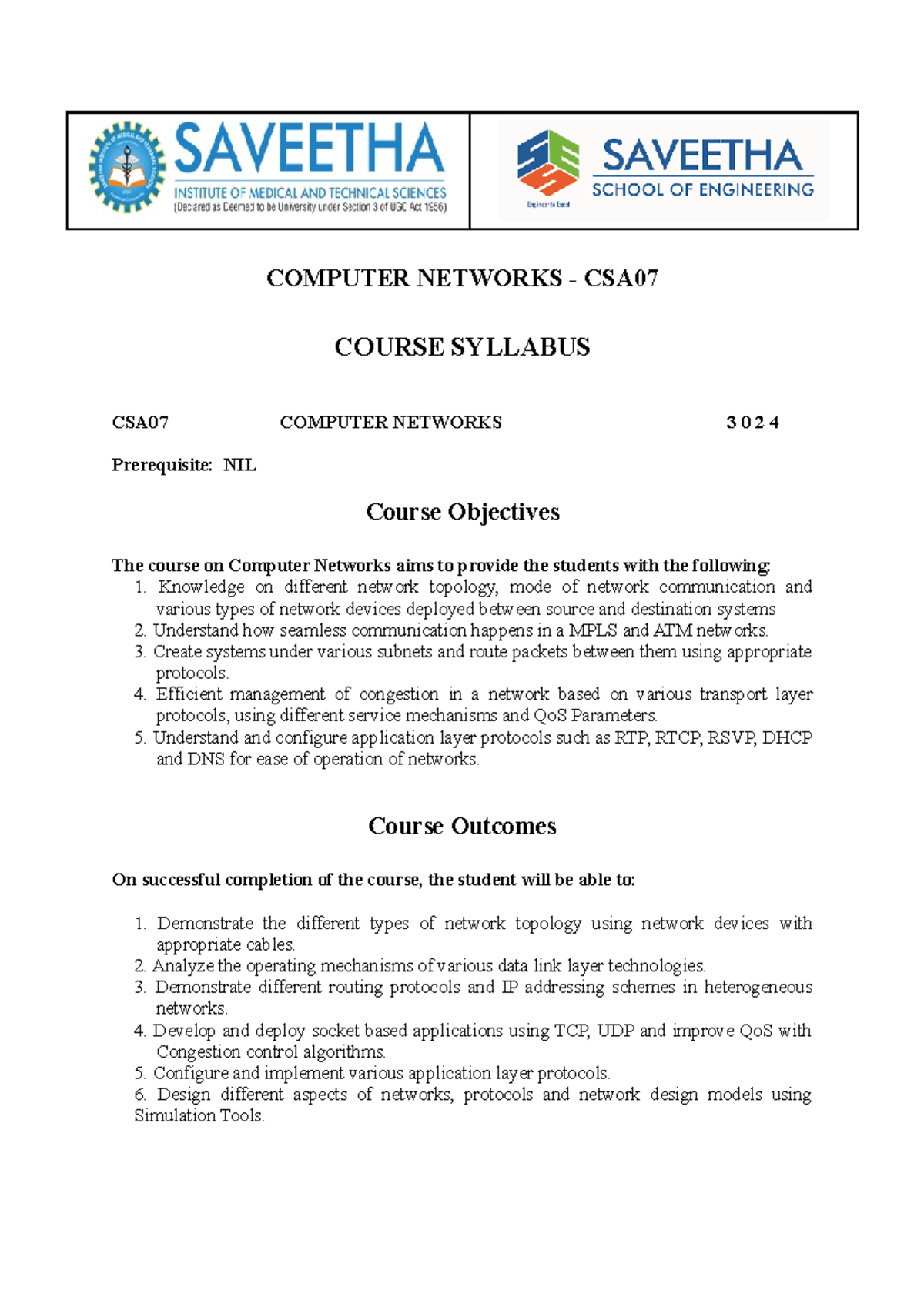 CSA07- Computer Networks- lab list of experiments - COMPUTER NETWORKS - CSA COURSE SYLLABUS ...