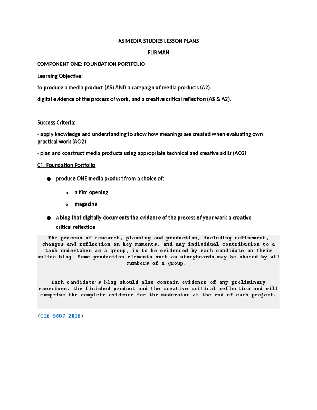 AS Media Studies Lesson Plans: Foundation Portfolio (CIE 9607) - Studocu