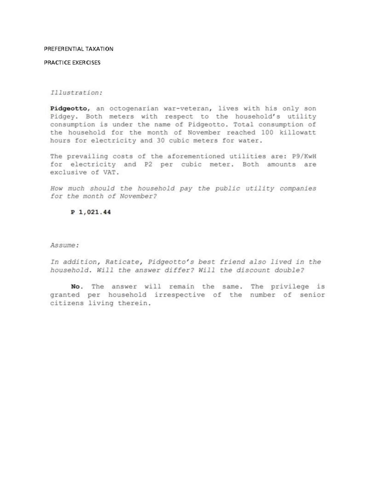 Preferential Taxation Practice Exercises (Course Code: PTAX 101) - Studocu