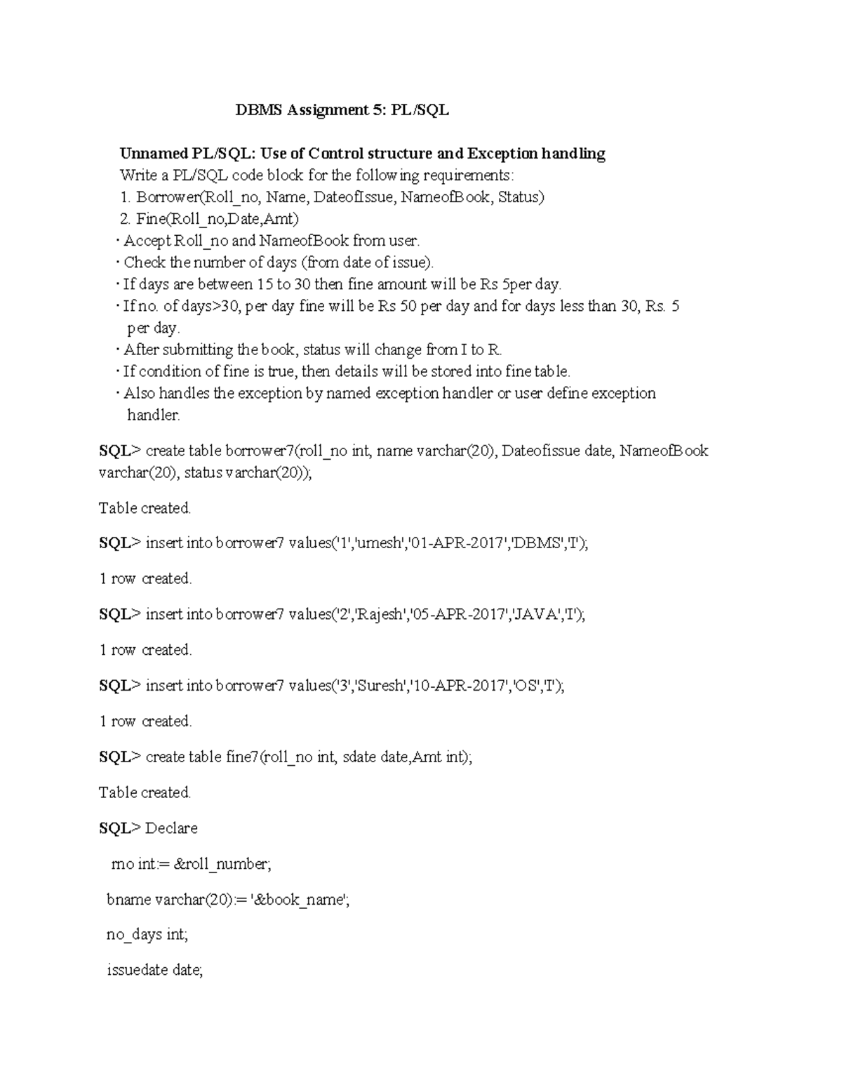DBMS PL SQL Assignment 5: Control Structure & Exception Handling - Studocu