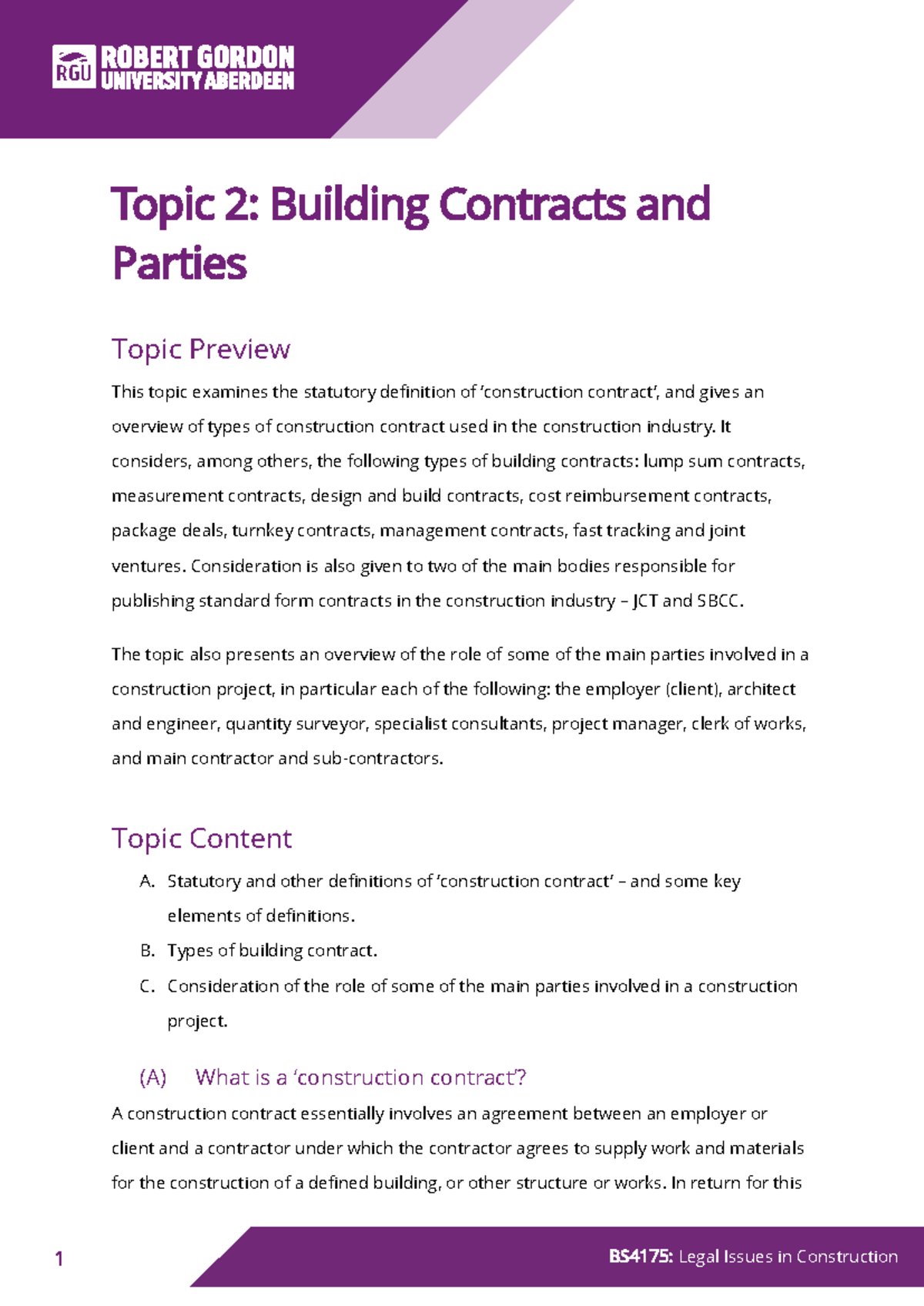 Building Contracts and Key Parties Overview - Topic 2 Analysis - Studocu