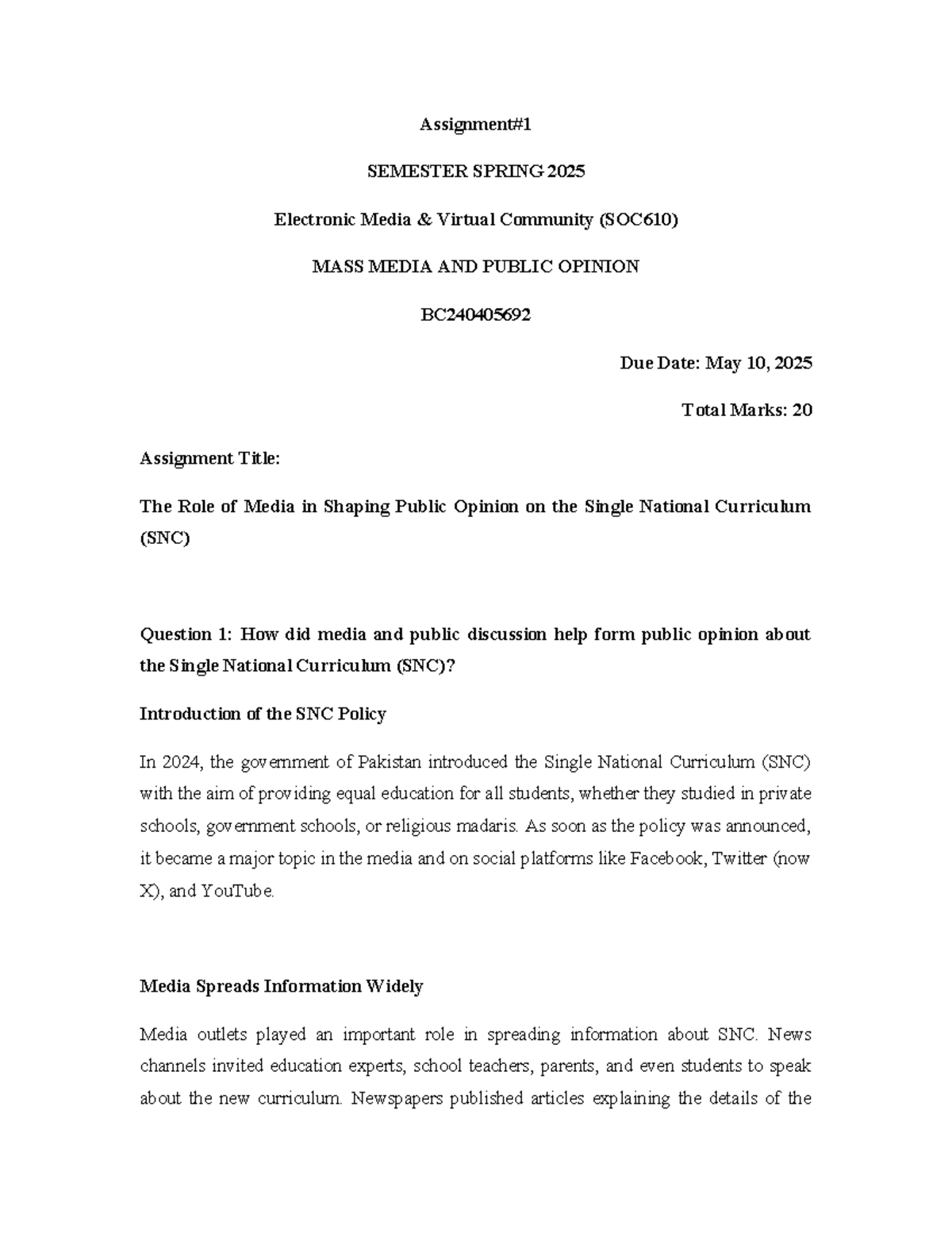 SOC610 - The Role of Media in Shaping Public Opinion on SNC - Studocu