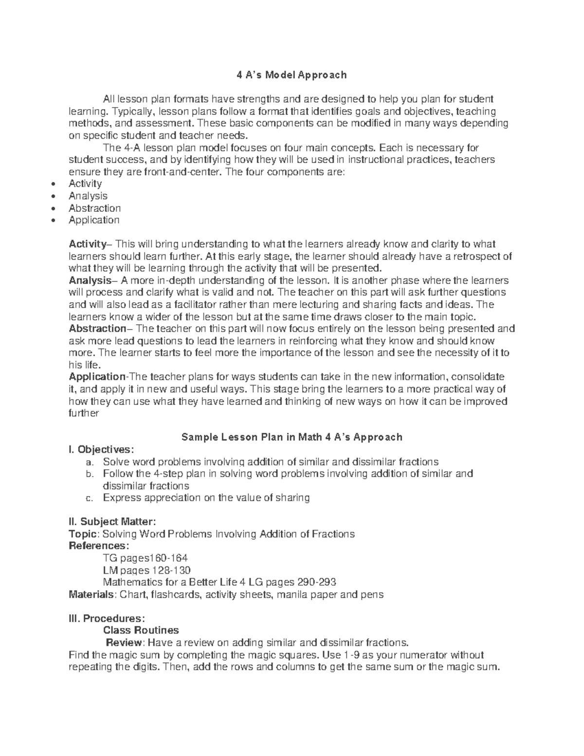 4as-LP - 4 A's Model Lesson Planning in Math Education - Studocu