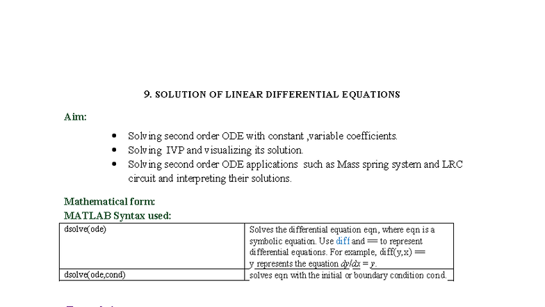 Exp 9 ODE - Lecture Notes on Solving Linear Differential Equations ...