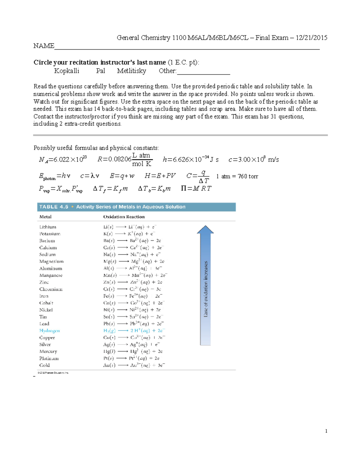 Chem 1 final exam Fall 15 - - Studocu
