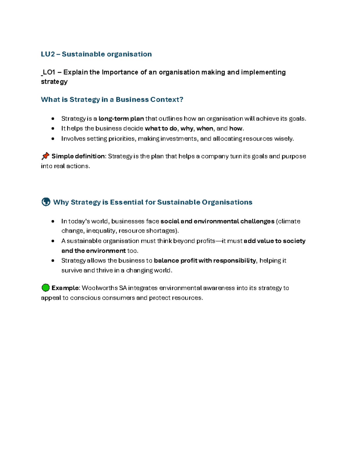 LU2 Sustainable Organisation: Importance of Strategy for Success - Studocu