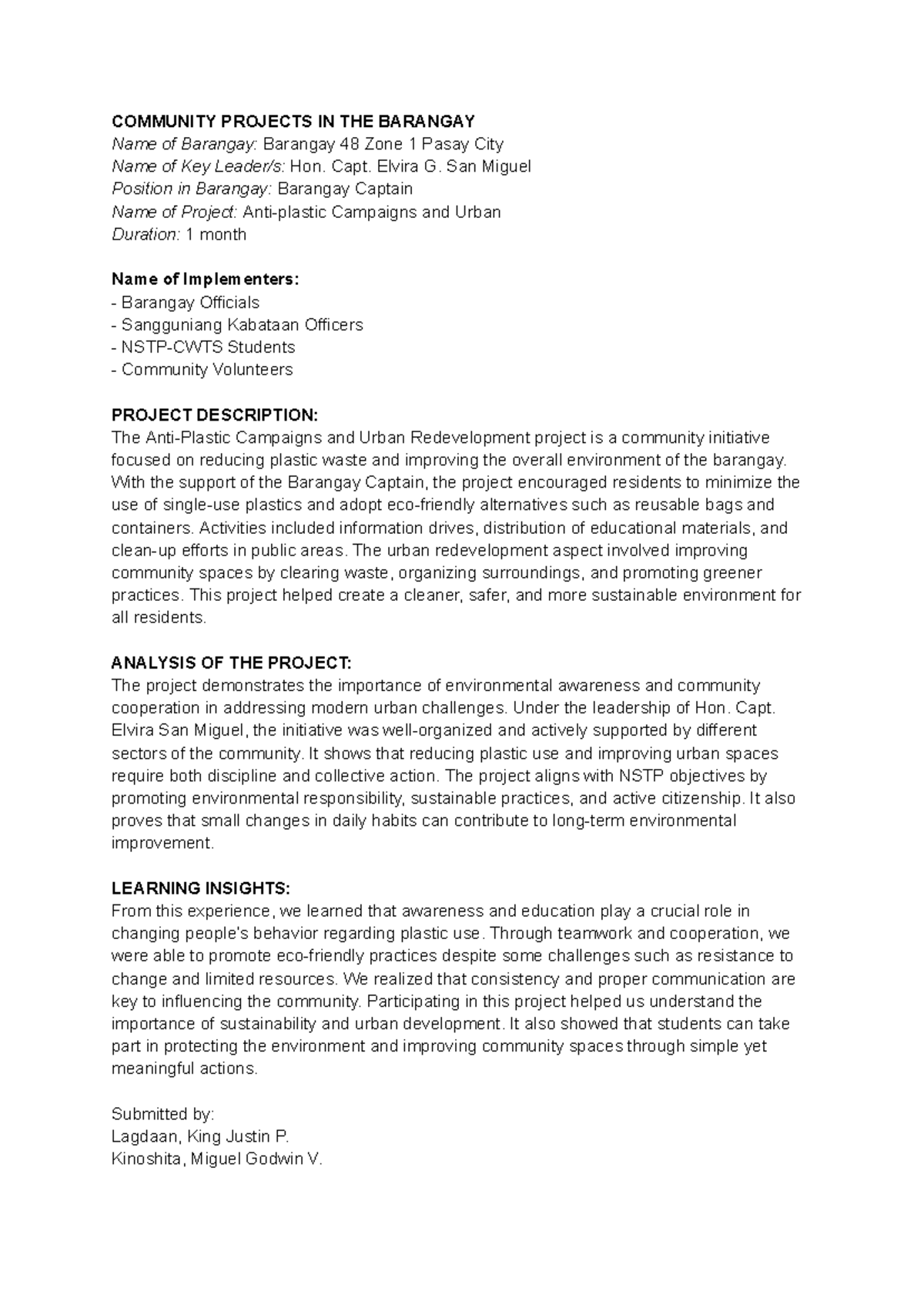 Barangay 48 Community Projects: Campaigns & Urban Redevelopment - Studocu
