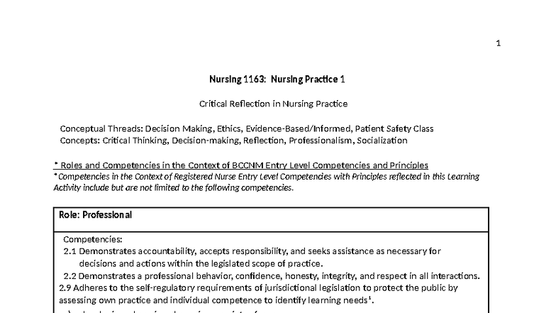Nursing 1163: Critical Reflection and Practice Appraisal Form Exemplar ...