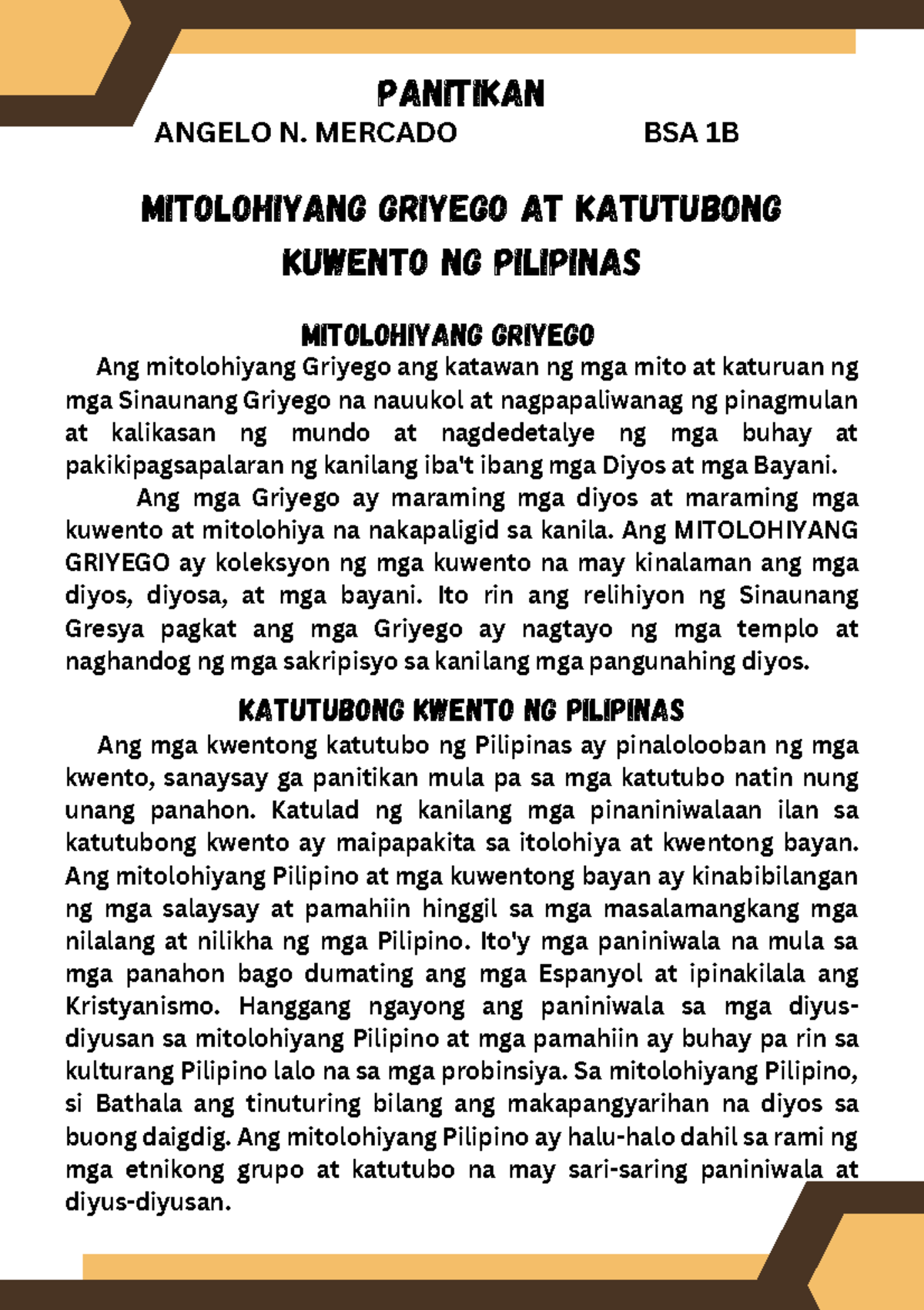Paghahambing ng Mitolohiyang Griyego at Pilipino: Isang Pag-aaral - Studocu