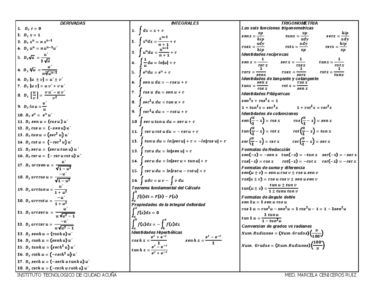 Repaso de Cálculo: Derivadas e Integrales para el Examen Final - Studocu
