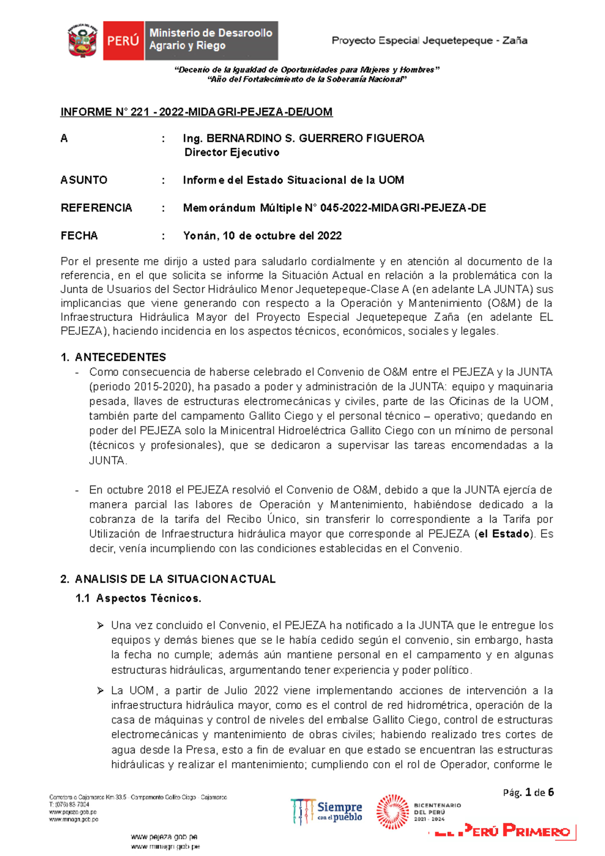 Informe N° 221: Análisis de la Problemática con la Junta de Usuarios - Studocu