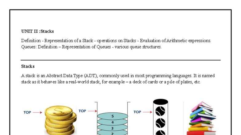DSA UNIT II: Stacks and Queues - Definitions, Operations, and ...
