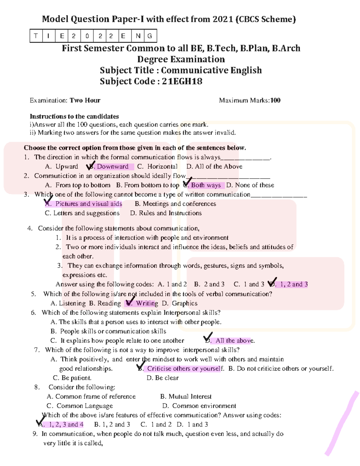 Model Question Paper for 21EGH18: Communicative English Exam 2022 - Studocu