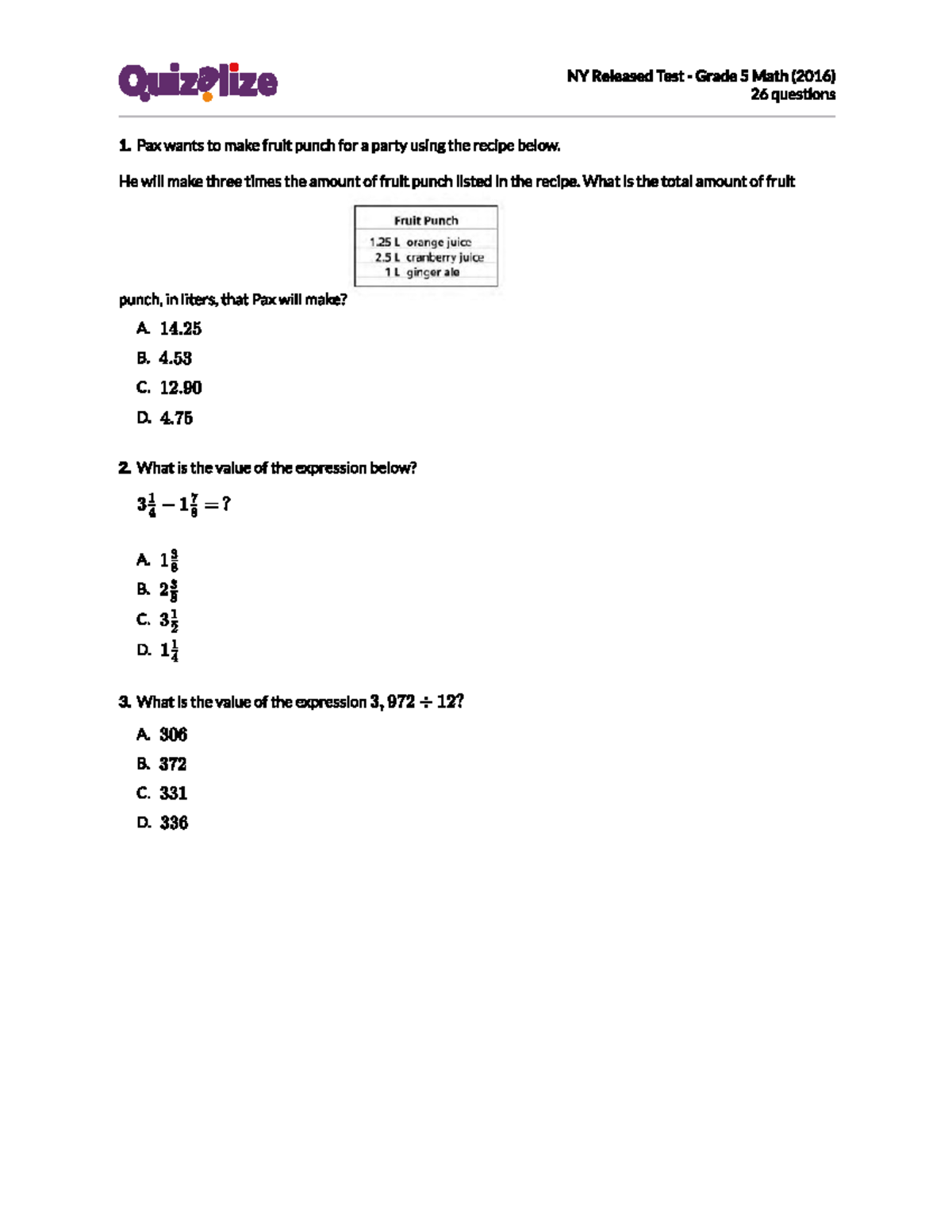 Grade 5 - 2016 - mATH SAMPLE PROBLEM - Quiz?lize NY Released Test Grade ...