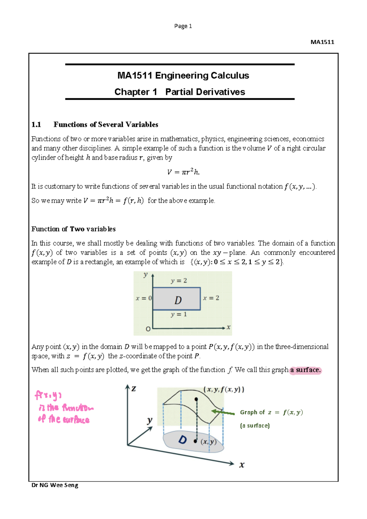 Chapter 1 Partial Derivatives - MA MA1511 Engineering Calculus Chapter ...