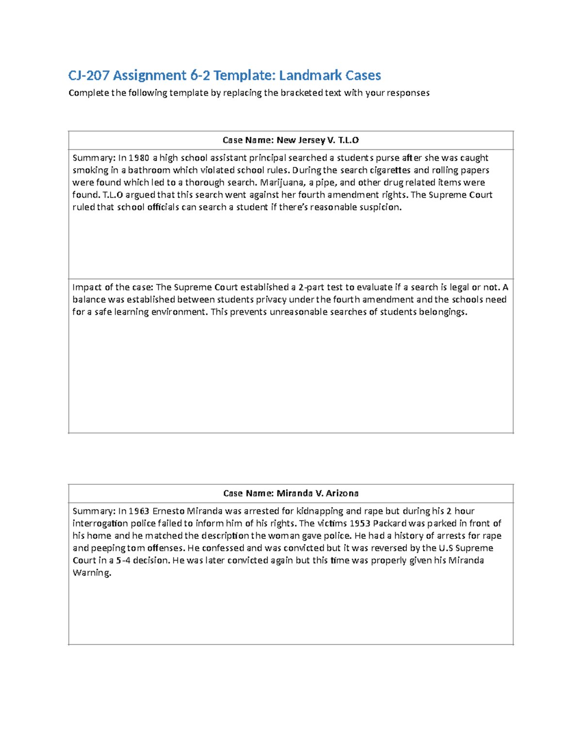 CJ-207 Assignment 6-2: Landmark Cases Analysis Template - Studocu