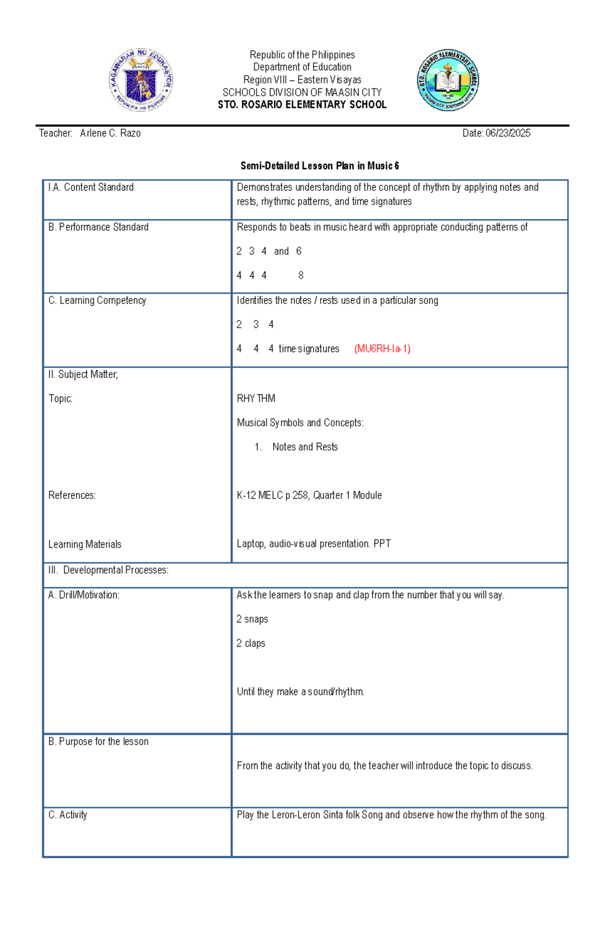 Lesson Plan in Music 6: Understanding Rhythm and Musical Symbols - Studocu