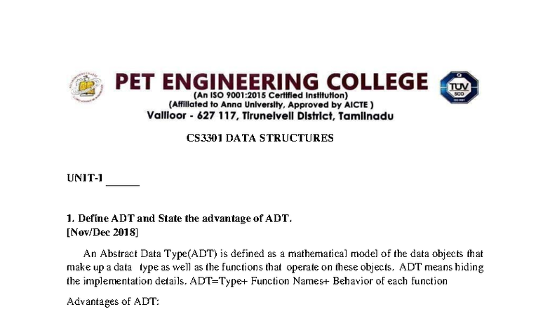 CS3301 DATA STRUCTURES 1 - Comprehensive Question Bank - Studocu