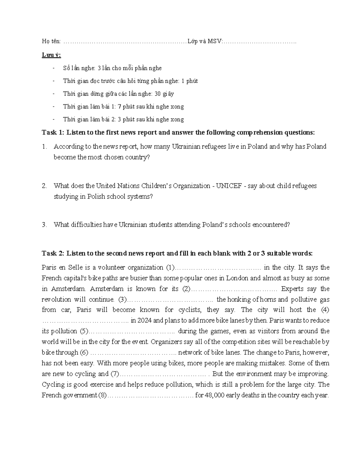Midterm ESP 1 Listening Exam: News Reports & Comprehension Tasks - Studocu