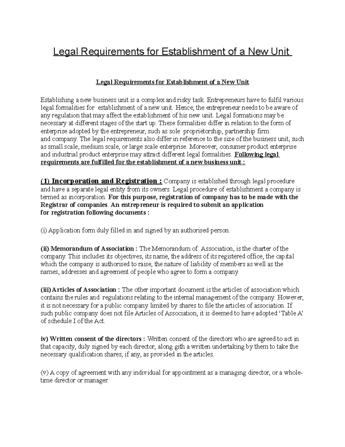 Legal Requirements for Establishment of New Unit (ENT 101) Notes - Studocu