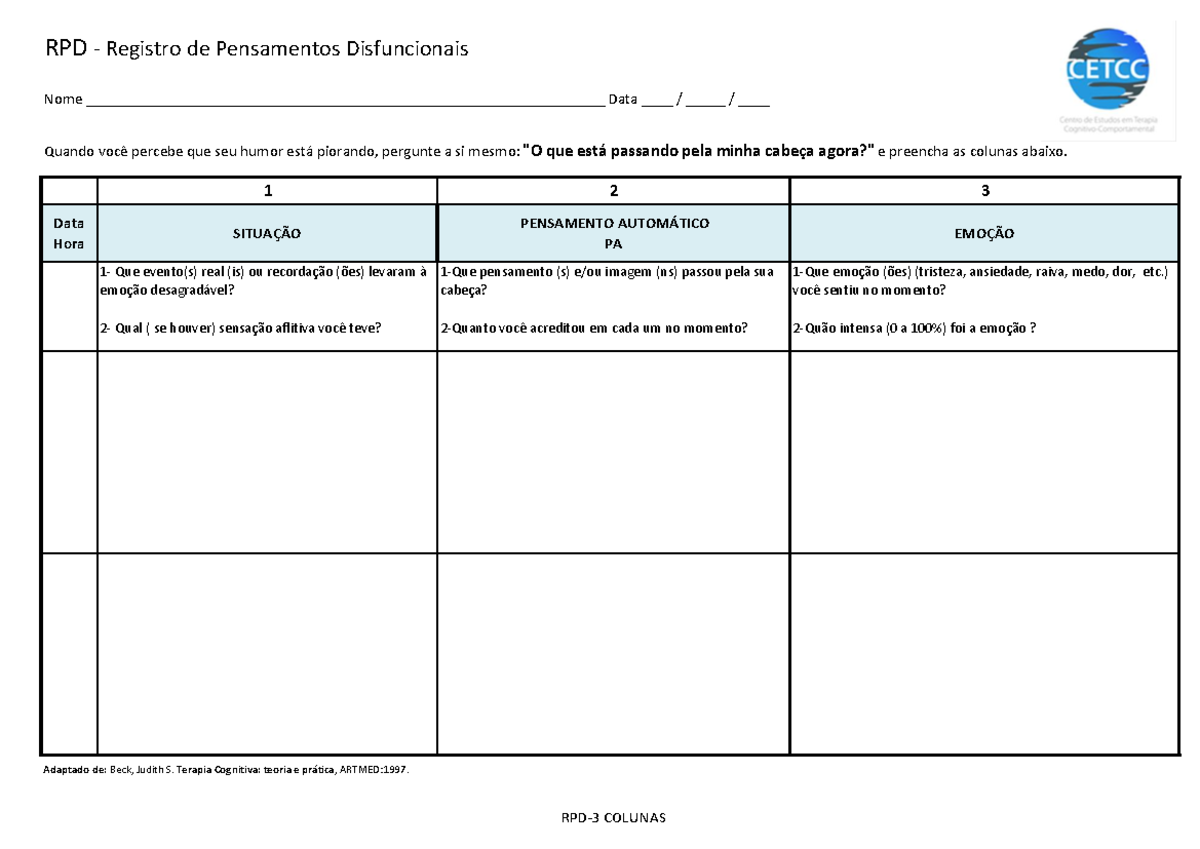 RPD - Registro de Pensamentos Disfuncionais - Formulário 3 Colunas - Studocu