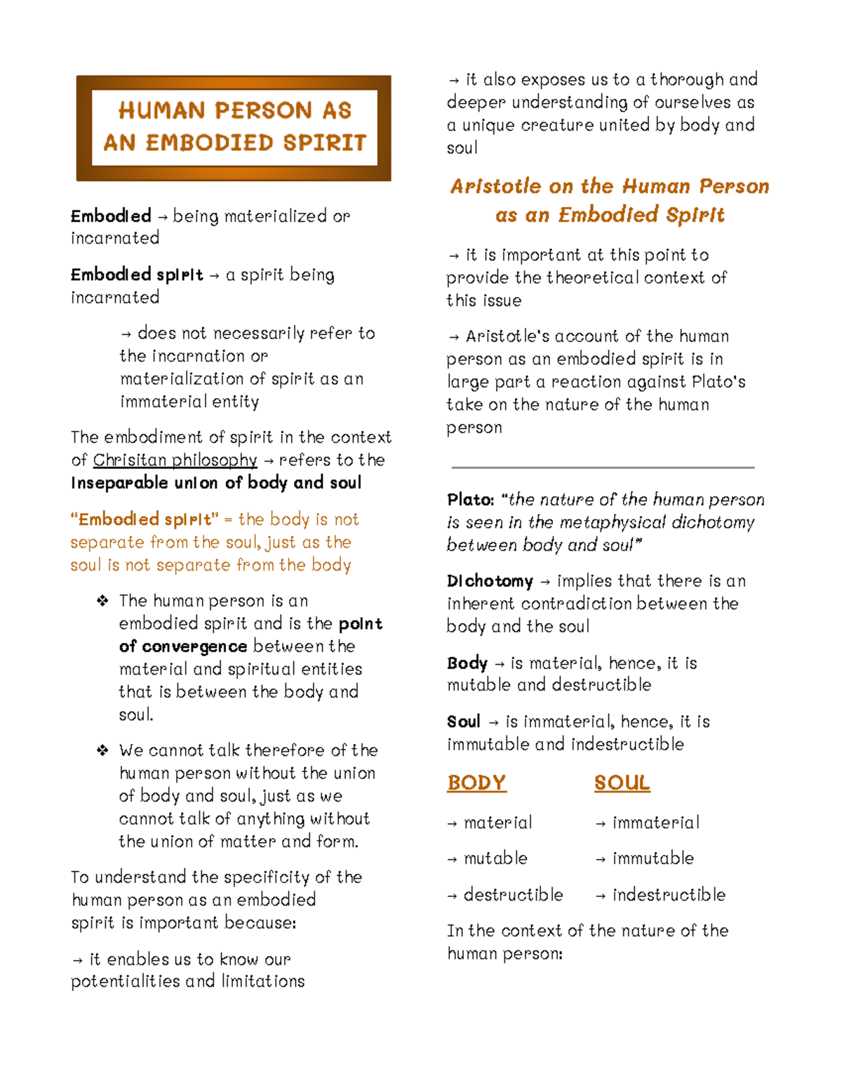 Human Person as Embodied Spirit: Notes on Aristotle's Philosophy - Studocu