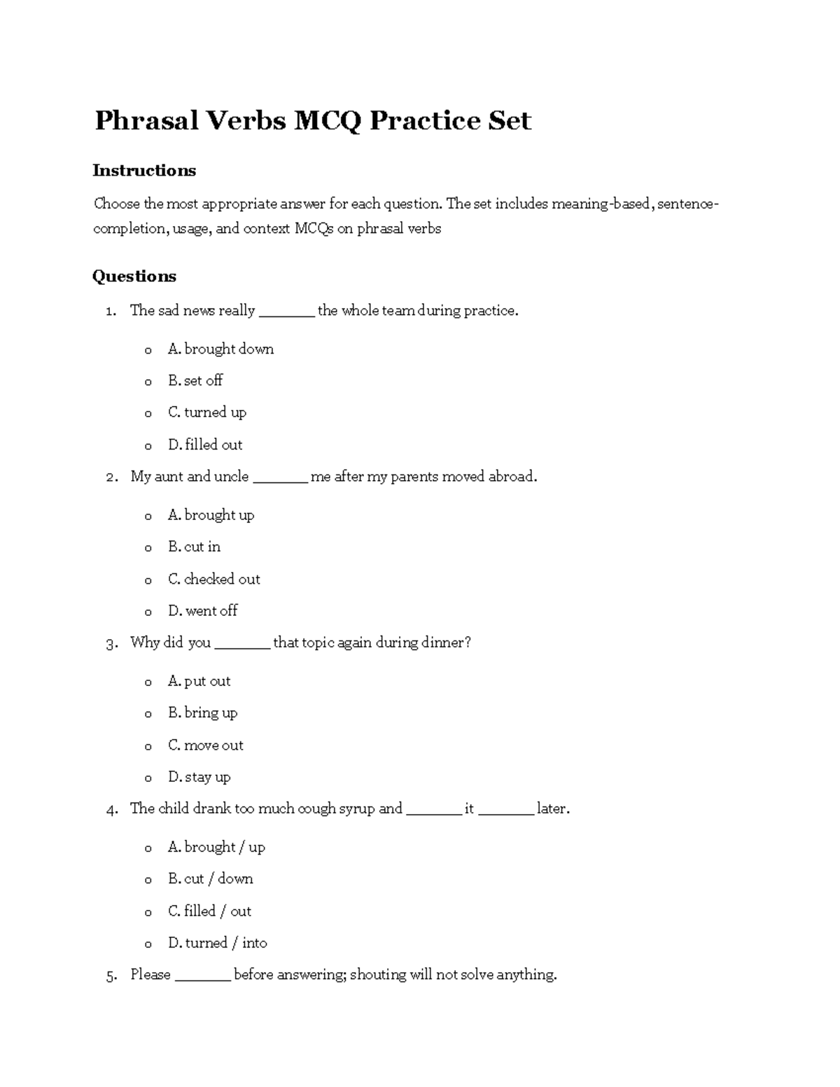 Phrasal Verbs MCQ Practice Set - Study Material for Exam Prep - Studocu