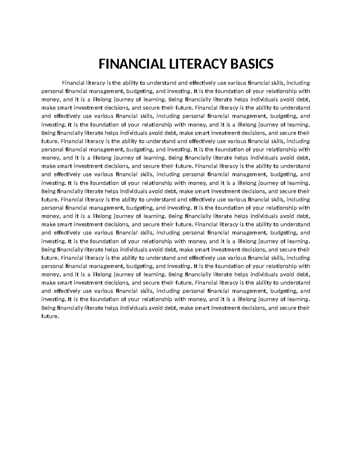 FIN 101: Basics of Financial Literacy and Personal Management - Studocu