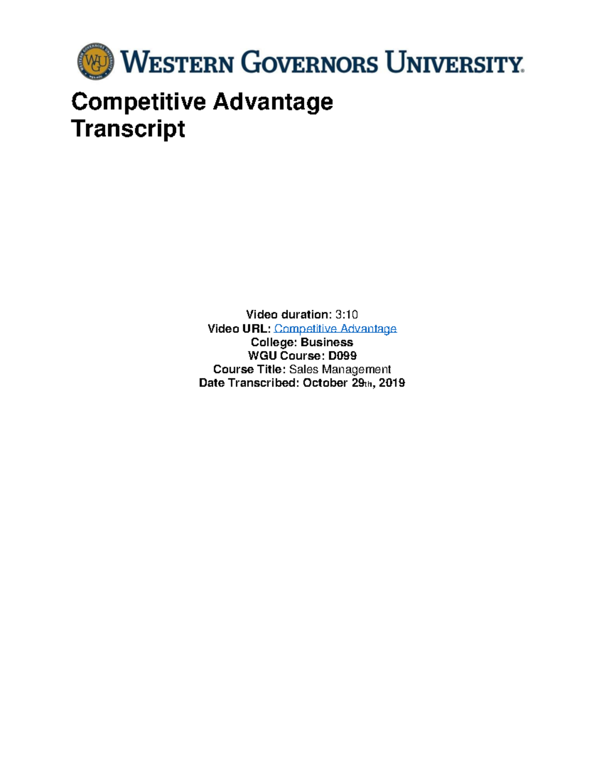 D099 Sales Management: Competitive Advantage Video Transcript - Studocu