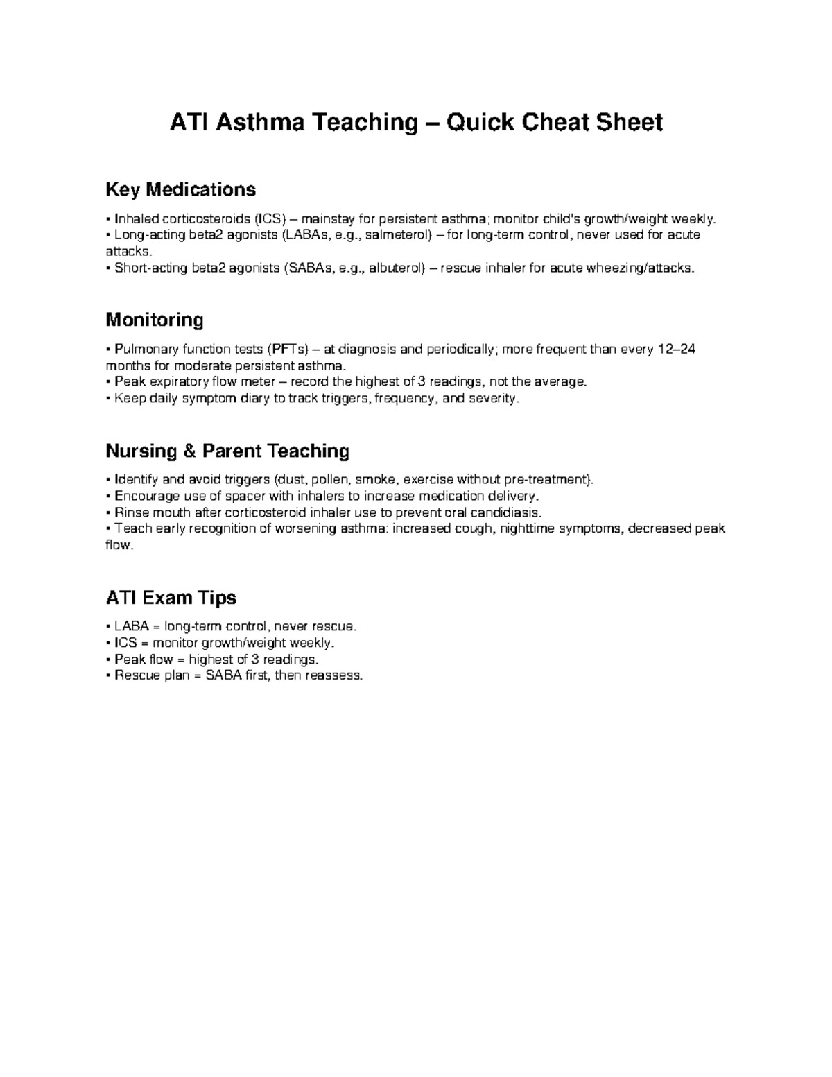 ATI Asthma Teaching Cheat Sheet: Key Meds & Monitoring Tips - Studocu