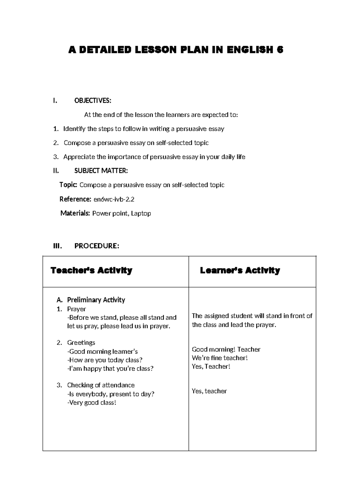 Detailed Lesson Plan: Writing a Persuasive Essay in English 6 - Studocu