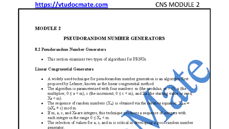 BCS703 Module 2: Pseudorandom Number Generators and Cryptosystems - Studocu