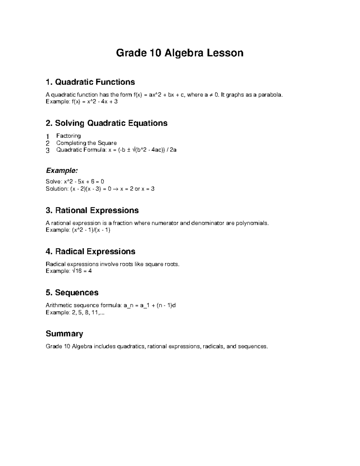 Grade 10 Algebra Lesson 1: Quadratic Functions & More - Studocu