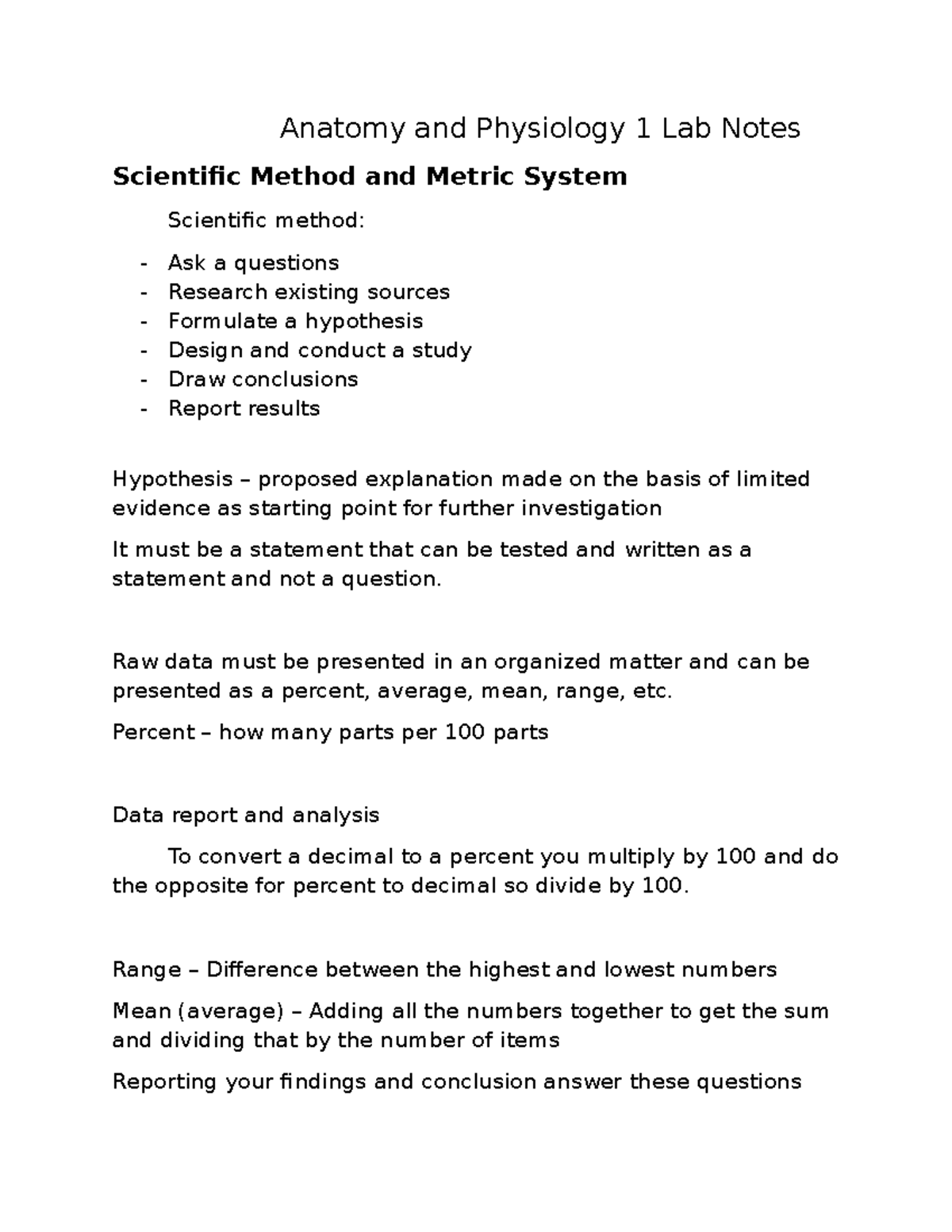 Anatomy & Physiology 1 Lab Notes: Scientific Method & Metrics - Studocu