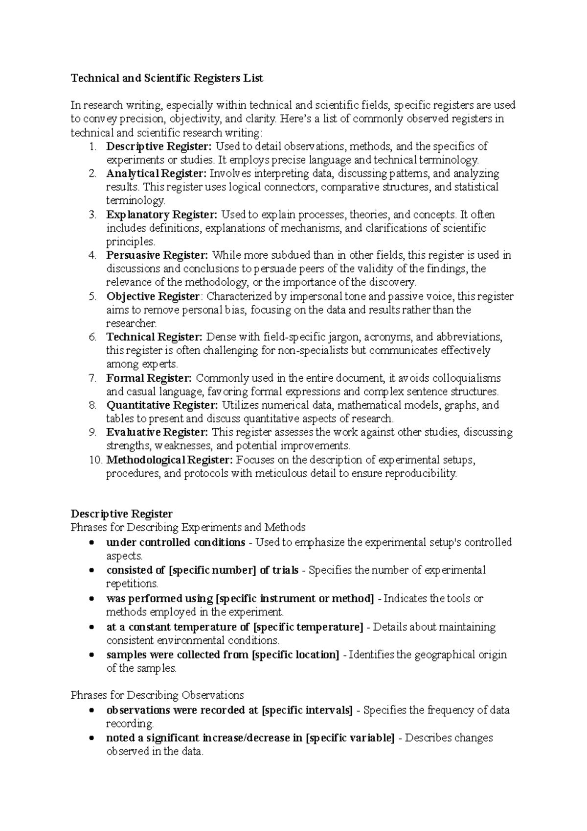 Tech & Sci Registers List: Understanding Key Writing Styles - Studocu