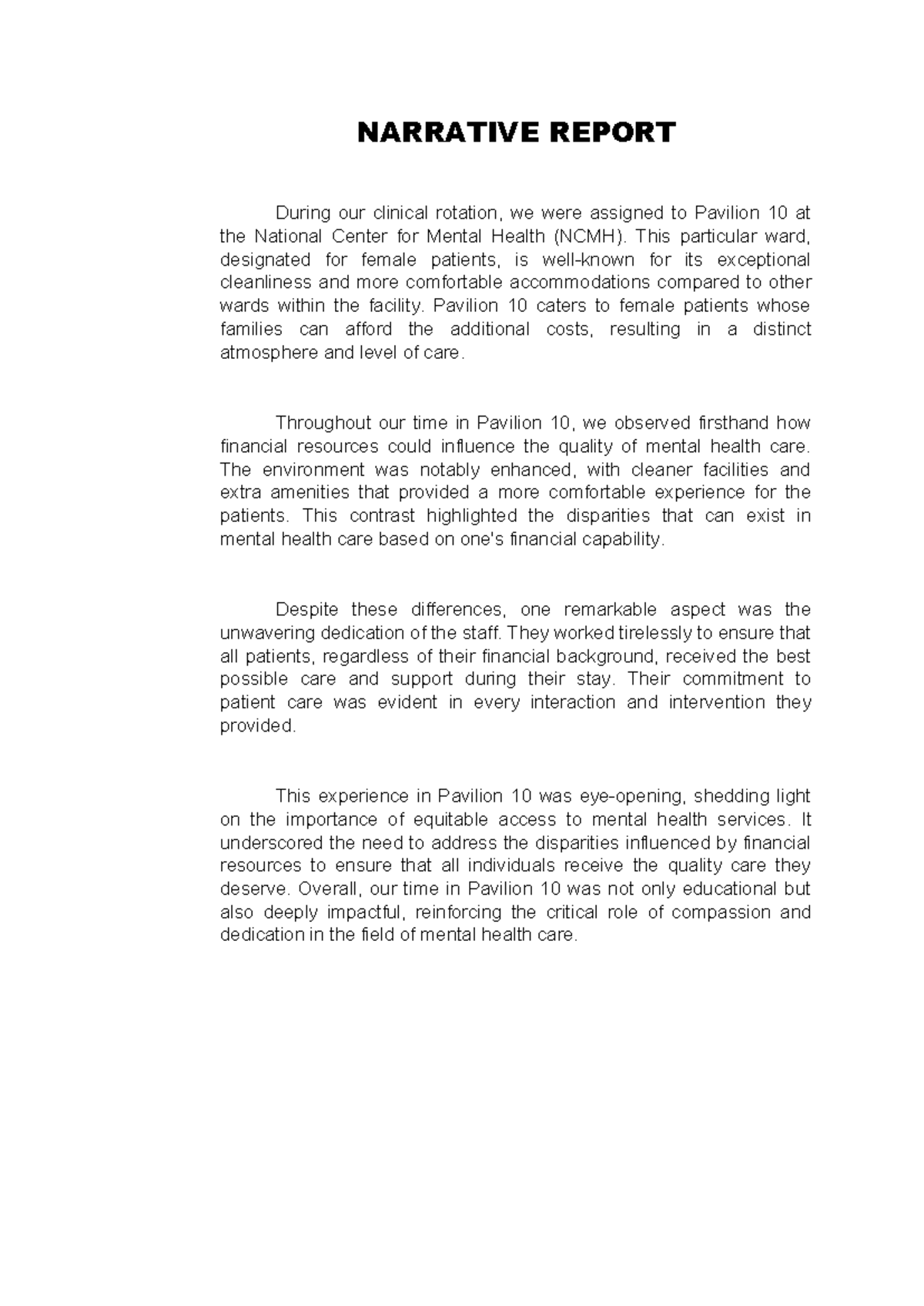 NCMH Pavilion 10 Clinical Rotation Narrative Report - Studocu