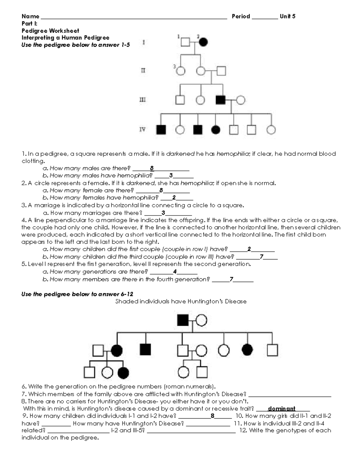 Pedigree Analysis Worksheet for Genetic Traits and Inheritance Patterns ...