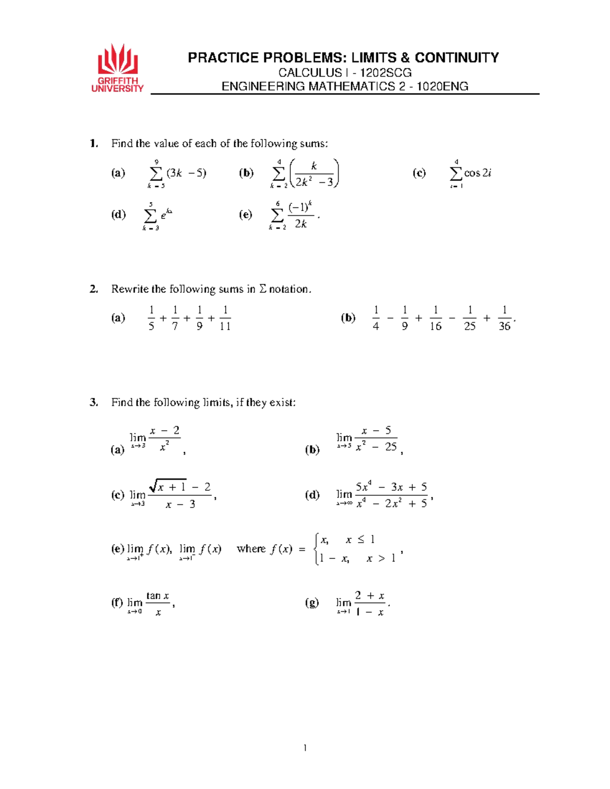 PRACTICE PROBLEMS: LIMITS & CONTINUITY CALCULUS I 1202SCG - Studocu