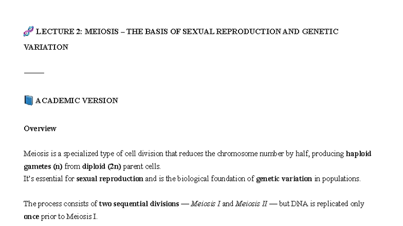 LECTURE 2: MEIOSIS - SEXUAL REPRODUCTION & GENETIC VARIATION - Studocu