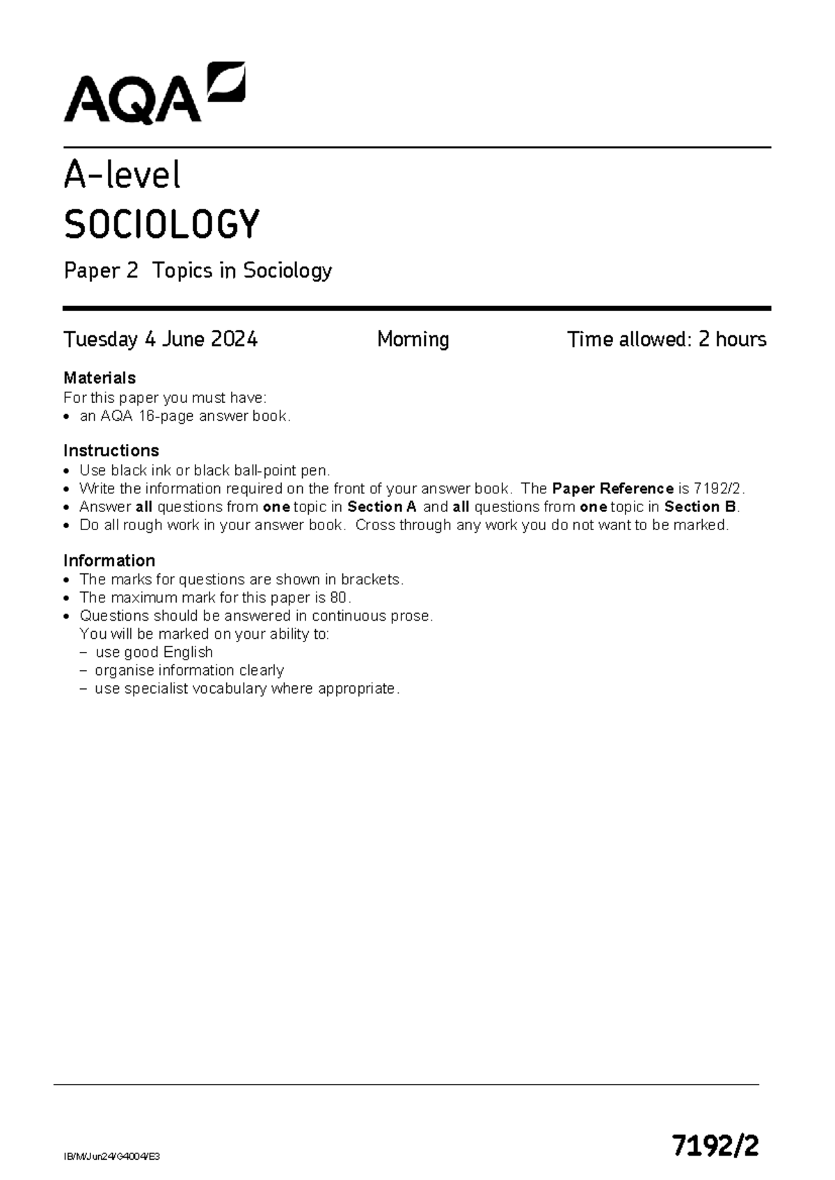 SOCIOLOGY Paper 2: Topics & Questions for June 2024 Exam - Studocu
