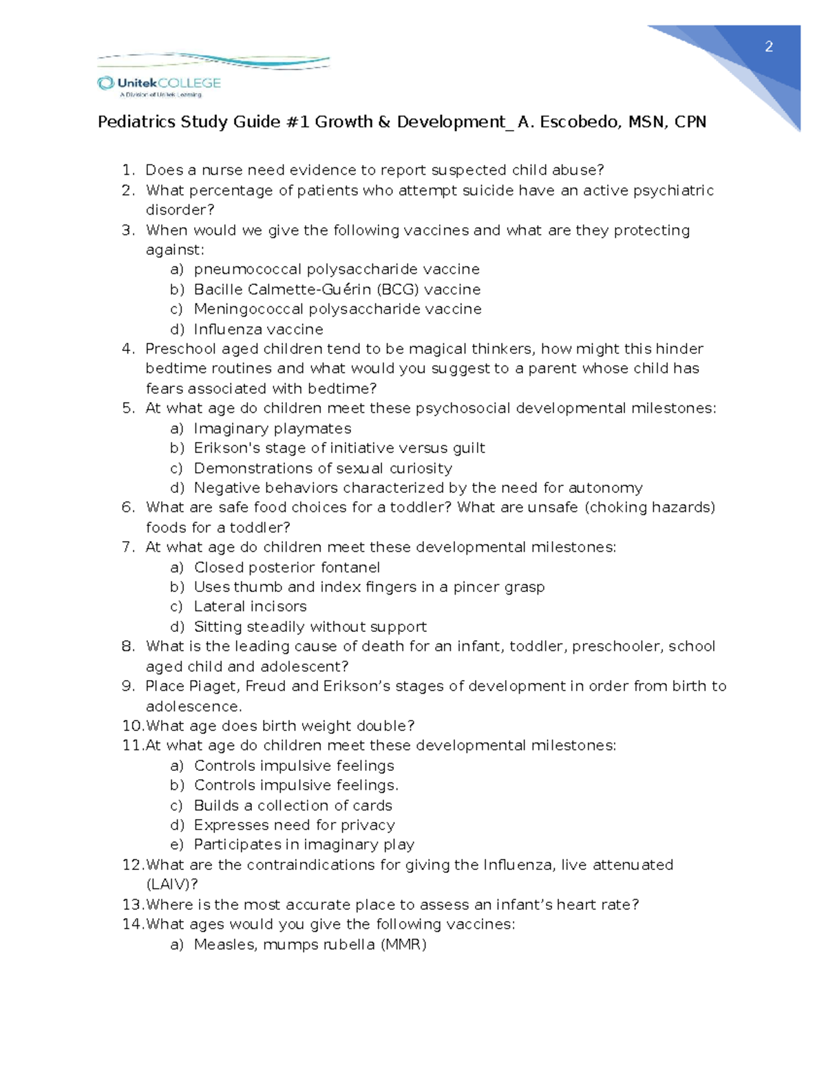 RN 330 Pediatrics Study Guide: Growth & Development Insights - Studocu