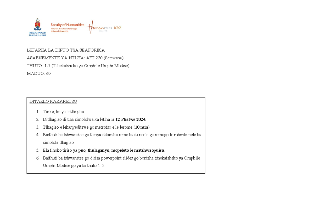 ASAENEMENTE 1 AFT 220 - Tshekatsheko ya Omphile Umphi Modise - Studocu