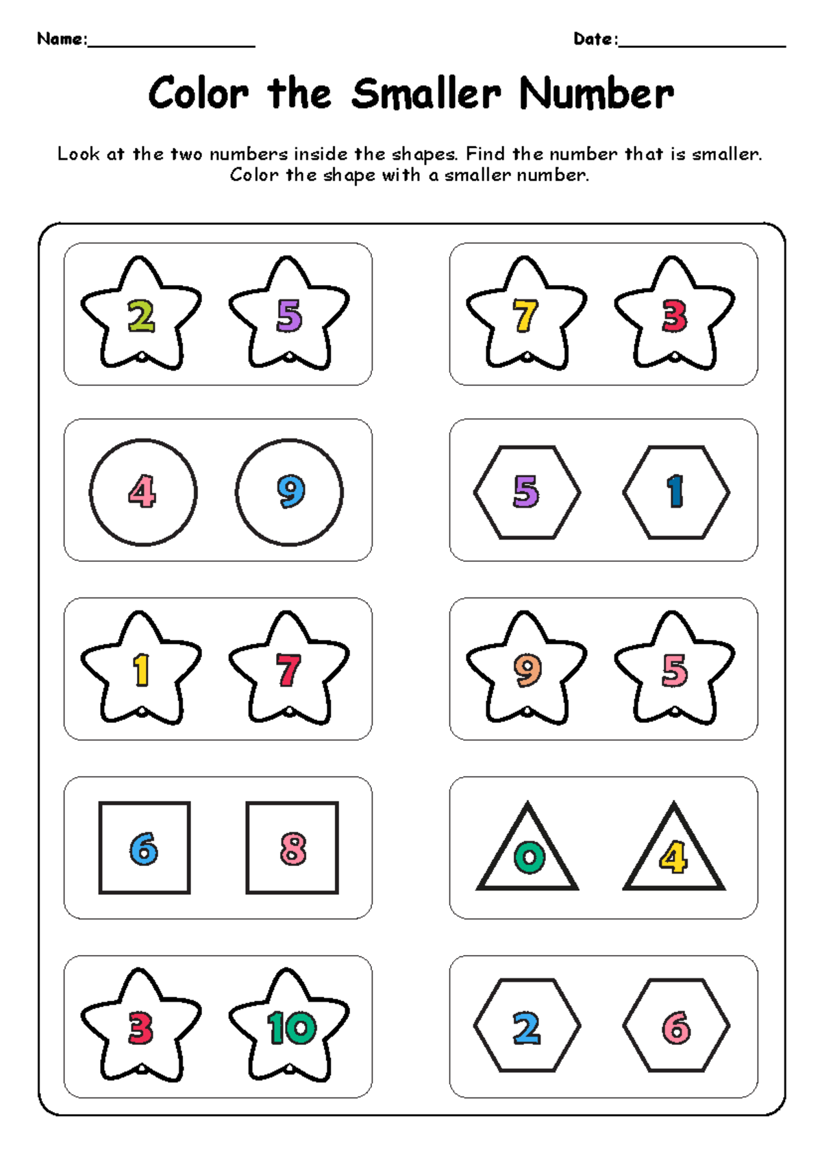 Color the Smaller Number - Kindergarten Worksheet - Look at the two ...