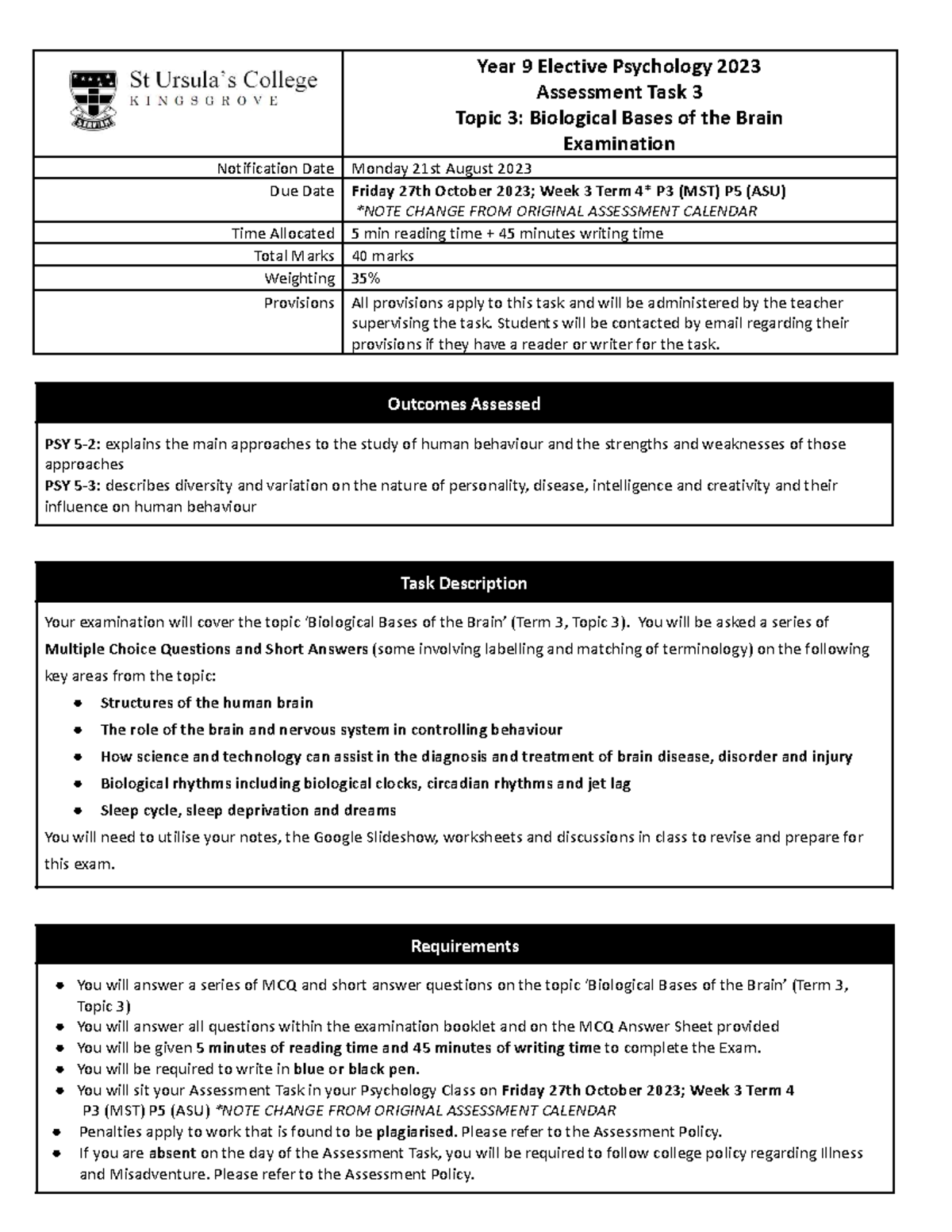 2023 Year 9 PSYC Task 3: Biological Bases of the Brain Exam Notification - Studocu