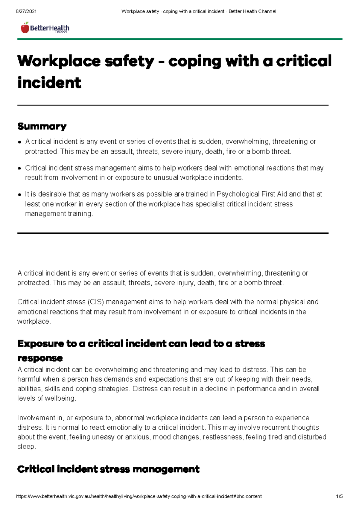 Workplace Safety: Managing Critical Incidents and Stress Responses ...