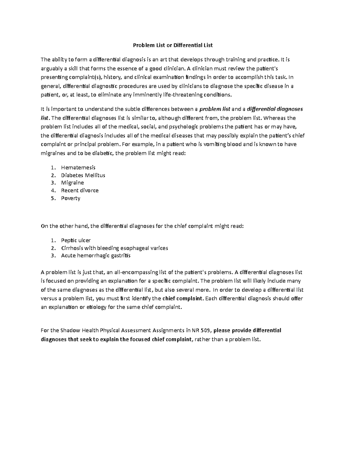 Differential Diagnosis vs. Problem List in Clinical Practice (NR 509 ...