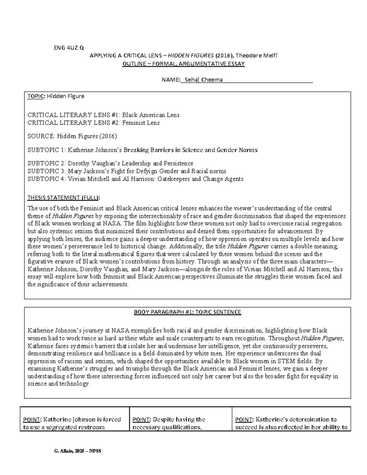 ENG 4UZ Q OUTLINE: Critical Analysis of Hidden Figures Through Feminist ...