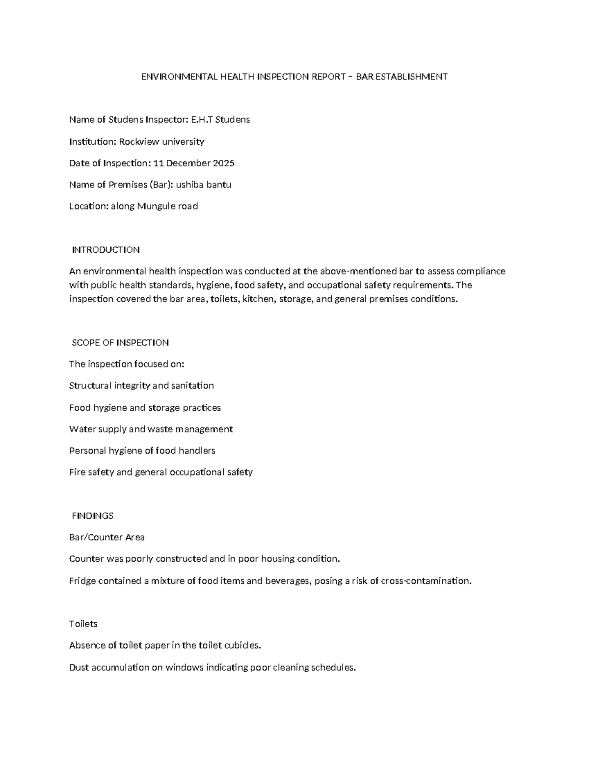 ENVIRONMENTAL HEALTH INSPECTION REPORT: BAR ESTABLISHMENT (EHT 2025 ...