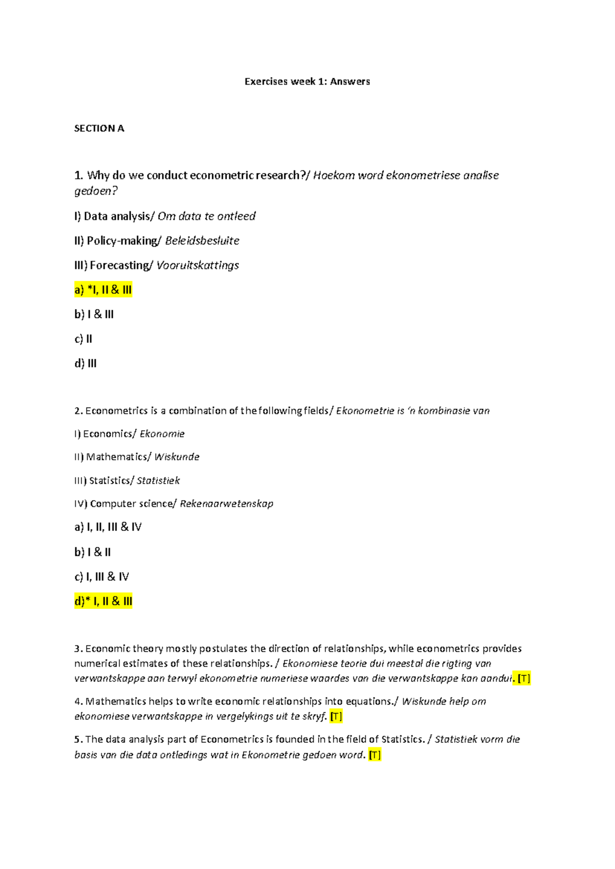 Exercises Week 1: Answers & Feedback (Econ 101) - Studocu