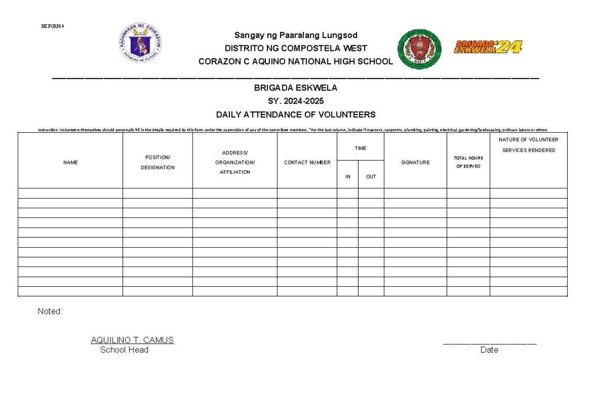 Sample Attendance Sheet For Brigada Eskwela
